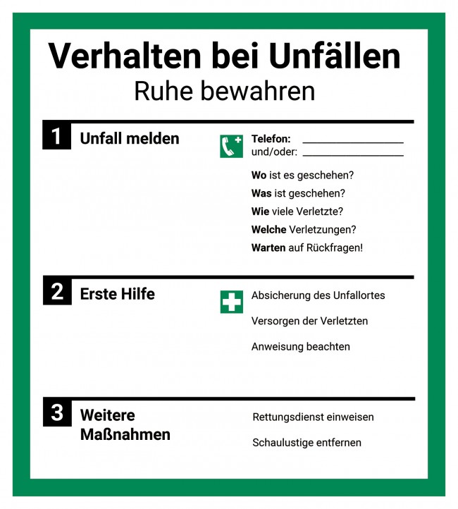 Schild Aushang "Verhalten bei Unfällen", 18x20cm, mit UV-Schutz, PVC-Aufkleber, ISO 7010, Unfall ...
